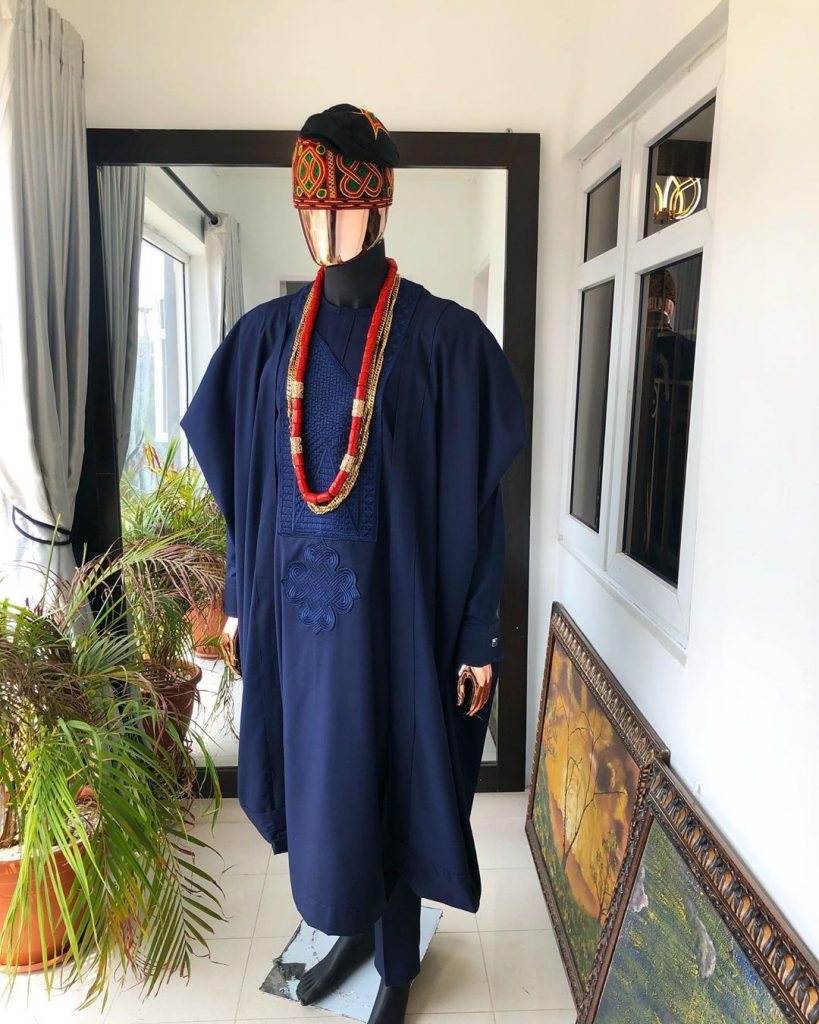 Navy Blue Mens Agbada & Hand Woven Egba Hat