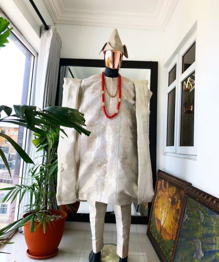 Shop Navy Blue Royal Agbada Aso-Oke, Coral Bead & Hat - Deji & Kola