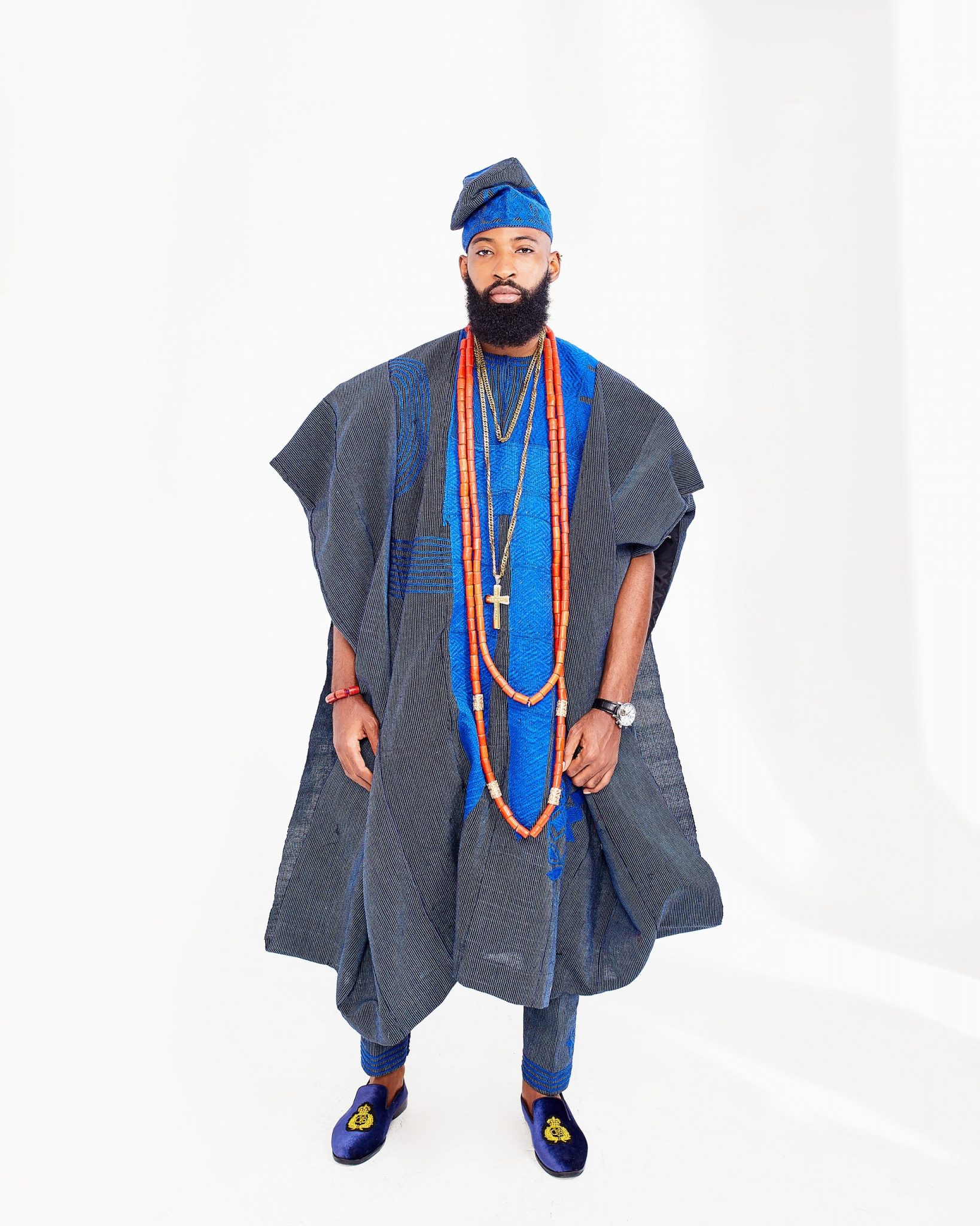 Shop Navy Blue Royal Agbada Aso-Oke, Coral Bead & Hat - Deji & Kola