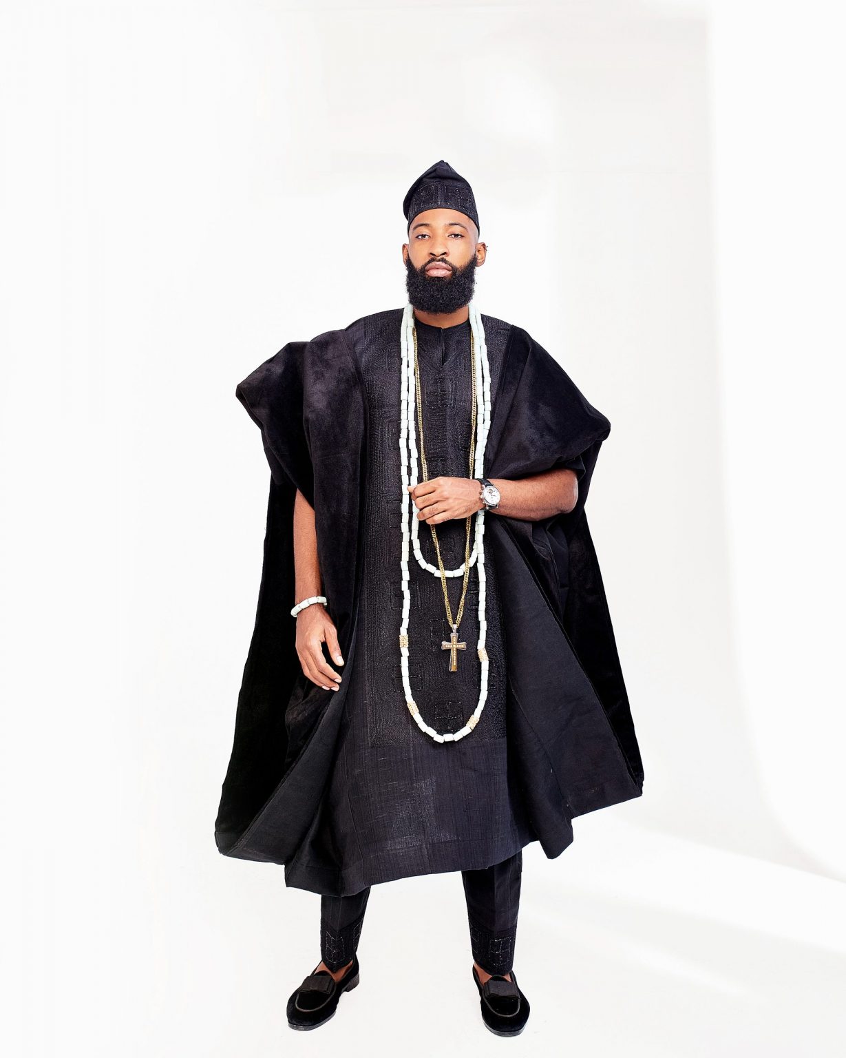 Shop Charcoal Black embroidery African Agbada and sokoto - Deji & Kola