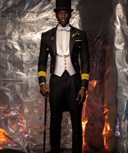 Shop Reloaded “Showman” White & Blue silk trench Suit -Deji & Kola