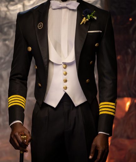 Shop Reloaded “Showman” White & Blue silk trench Suit -Deji & Kola