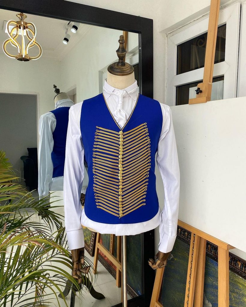 Shop Reloaded White & Blue silk trench “Showman” Suit -Deji & Kola