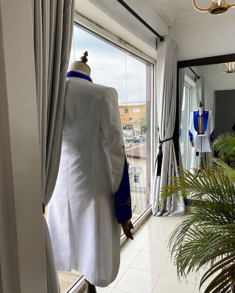 Shop Reloaded White & Blue silk trench “Showman” Suit -Deji & Kola