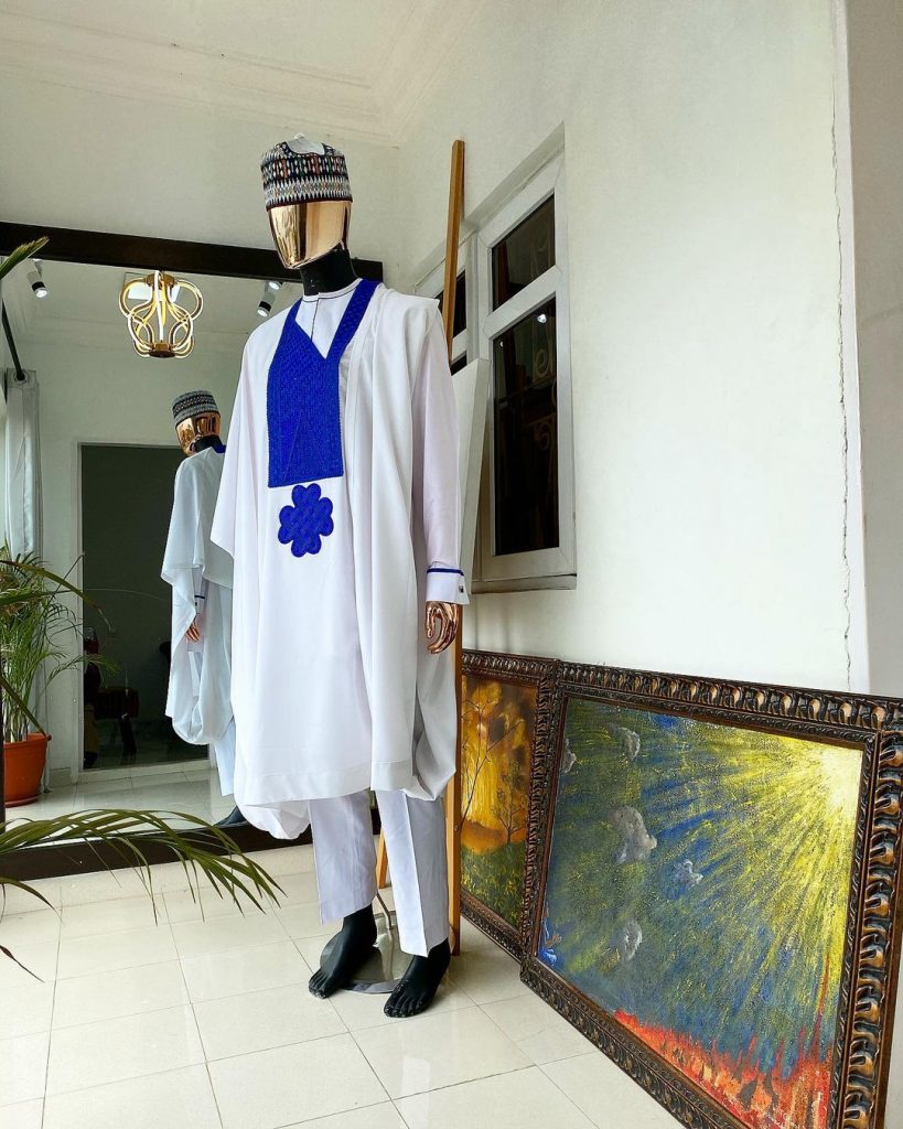 Shop white African Traditional Agbada with embroidery - Deji & Kola