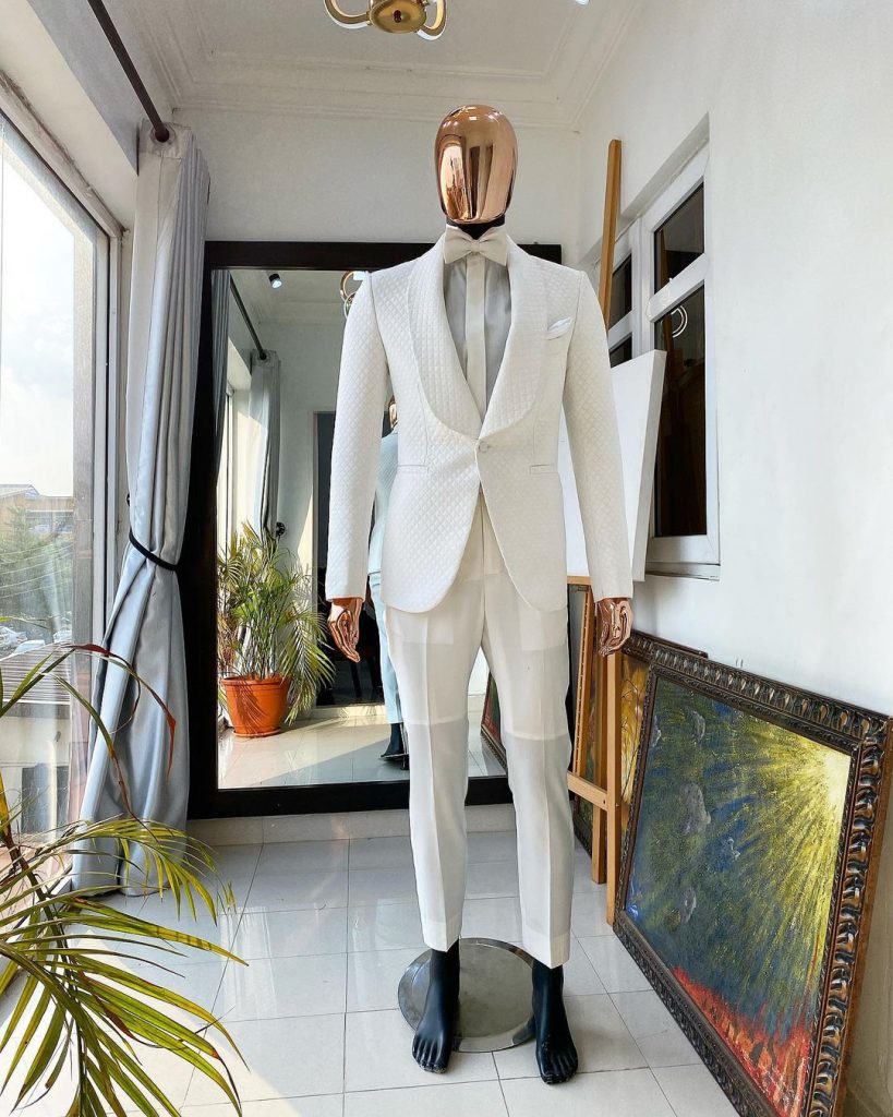 Shop Ivory White Square Patter Jacquard Tuxedo Suit -Deji & Kola