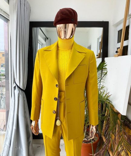 Shop “ Festac 77” mustard yellow 3 button safari suit-Deji & Kola