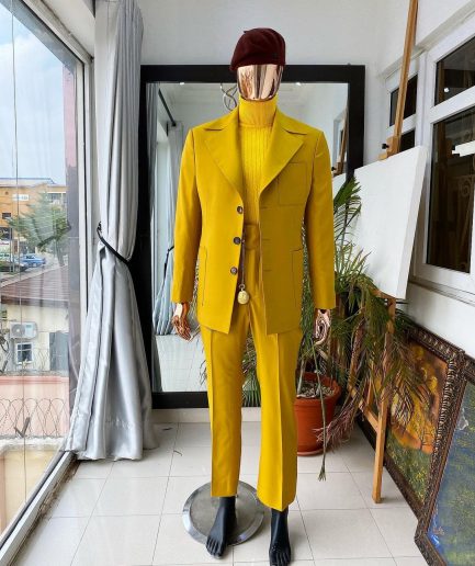 Shop “ Festac 77” mustard yellow 3 button safari suit-Deji & Kola