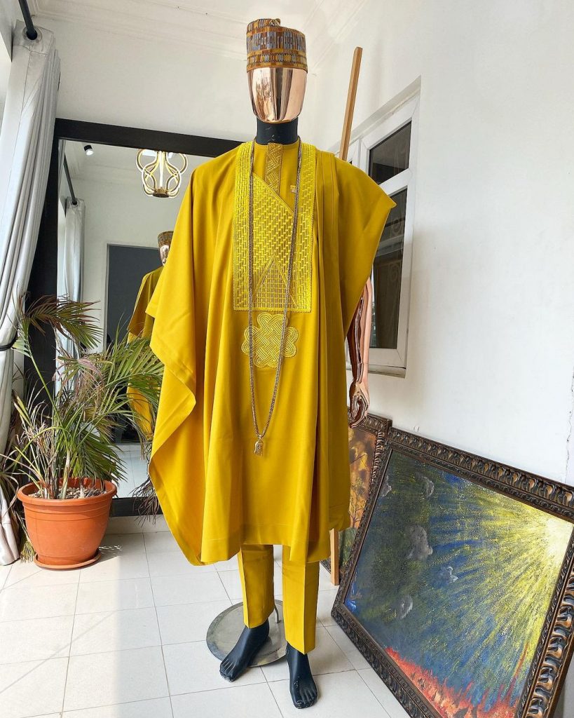 Shop Mustard Yellow with Embroidery African Agbada - Deji & Kola