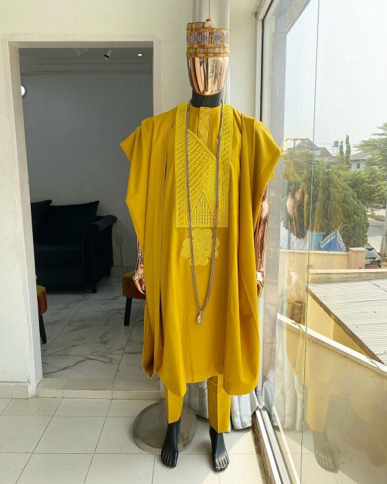 Shop Mustard Yellow with Embroidery African Agbada - Deji & Kola