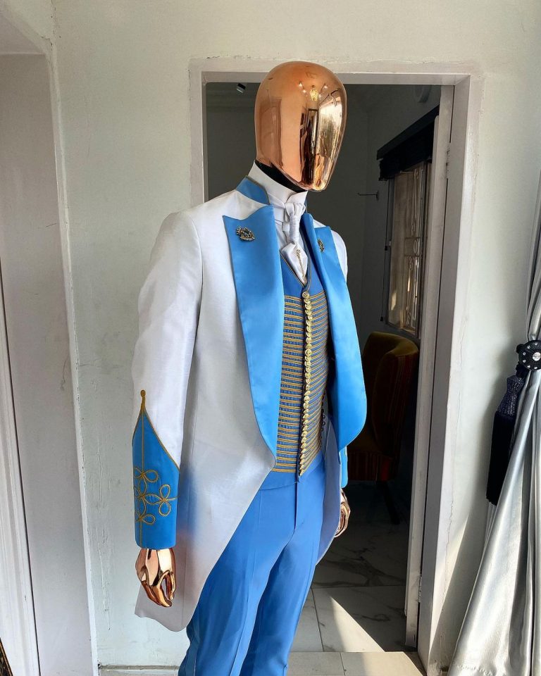 Shop Reloaded “Showman” White & Blue silk trench Suit -Deji & Kola