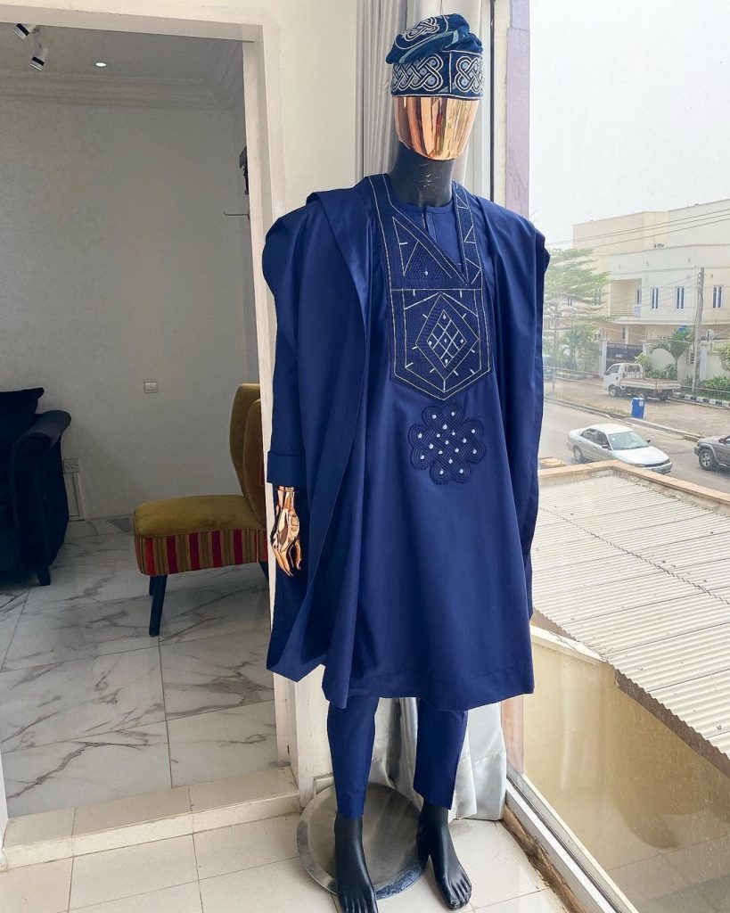 Shop Navy Blue Connected Embroidery African Agbada- Deji & Kola