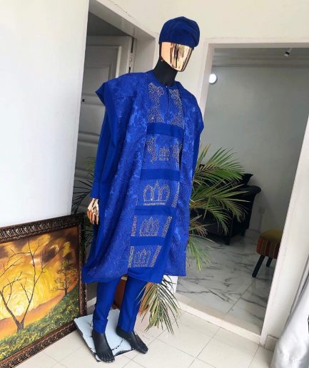 Blue Agbada With Swarovski Detailing & Matching Jacquard Design