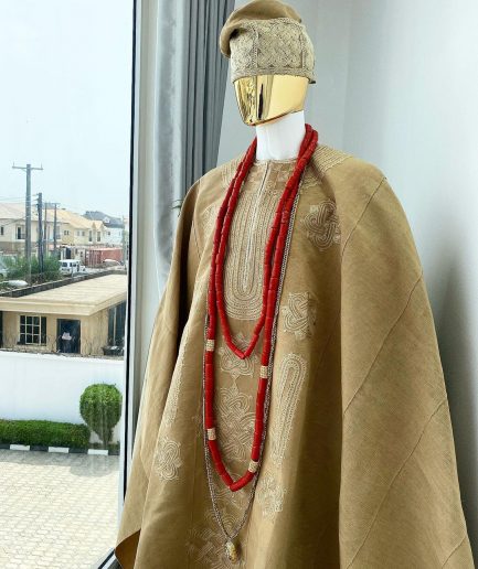 Shop Champagne Gold Aso Oke Regal African Agbada - Deji & Kola