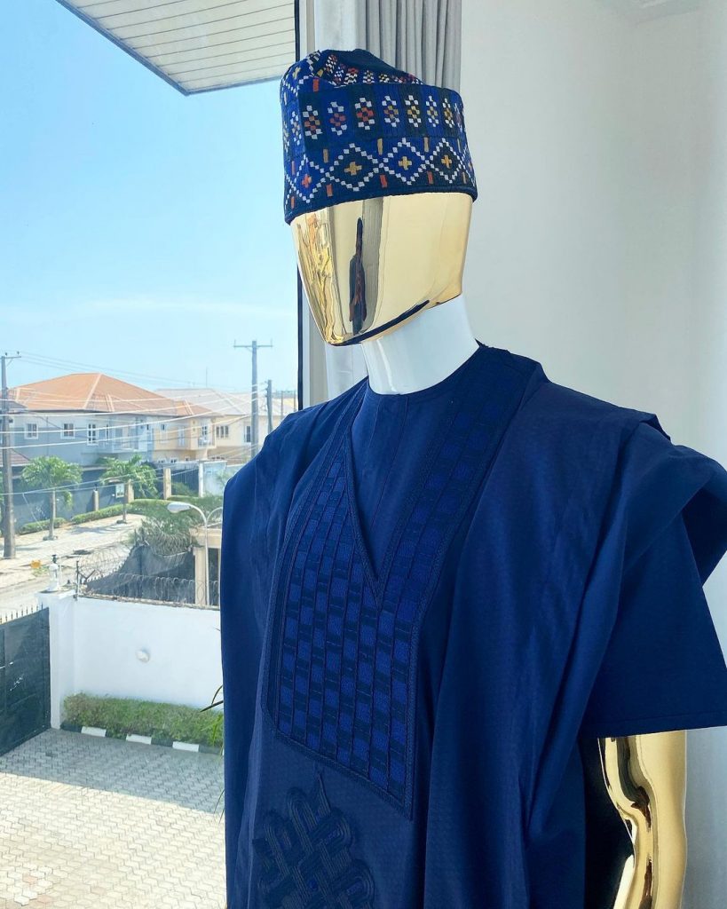 Shop Navy blue Voil with dotted embroidery African Agbada -Deji & Kola