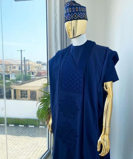 Shop Navy Blue Aso Oke Dashiki & Hand Wooven Hat - Deji & Kola
