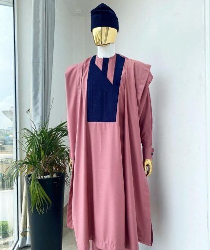 Light Blue Agbada With Hand Woven Yoruba Fila Embroidery design