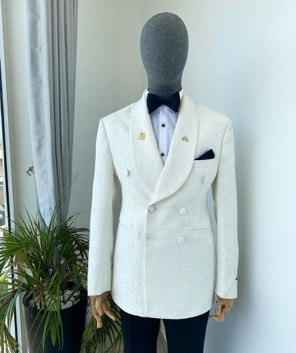 Square pattern shawl lapel jacquard ivory suit, tuxedo pant -Deji & Kola