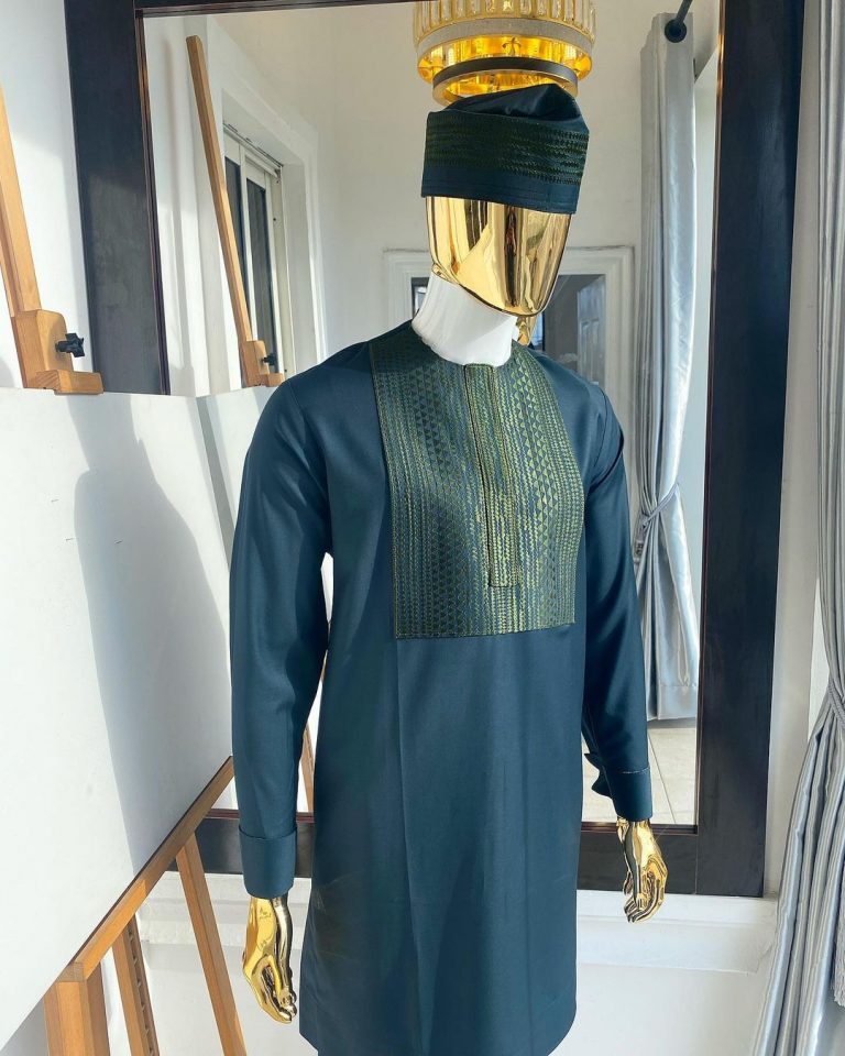 Shop Embroidery army green senator traditional kaftan - Deji & Kola