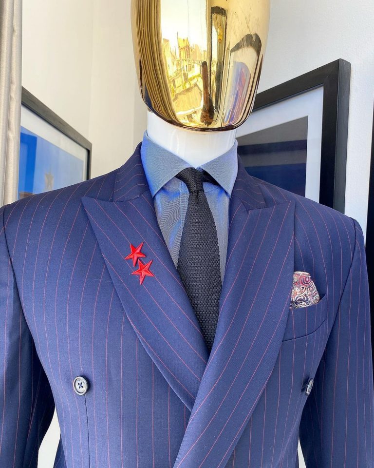 Shop Pin stripe double breasted “Board Room” peak lapel suit -Deji & Kola