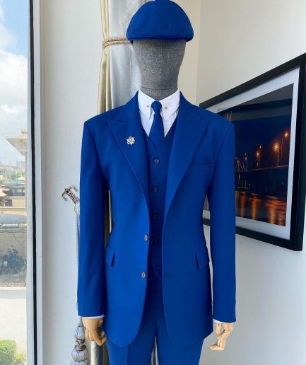 Shop powdered blue 'peaky blinders'' peak lapel business suit - Deji & Kola
