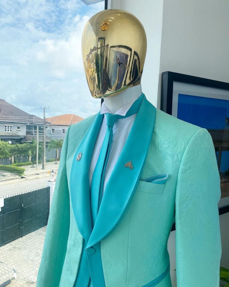 Shop Turquoise green shawl lapel floral jacquard suit -Deji & Kola