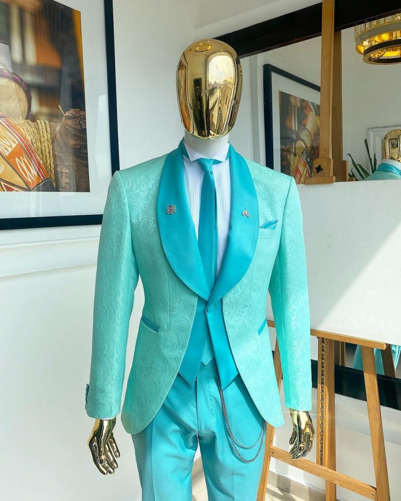 Shop Turquoise green shawl lapel floral jacquard suit -Deji & Kola