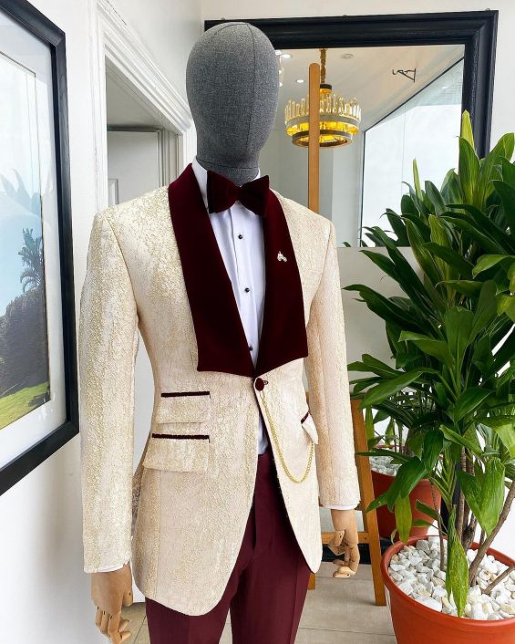 Shop Dispersed Gold Ruffle Pattern Jacquard Shawl lapel suit -Deji & Kola