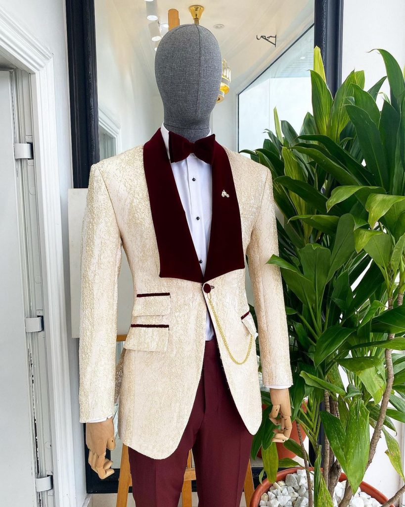 Shop Dispersed Gold Ruffle Pattern Jacquard Shawl lapel suit -Deji & Kola