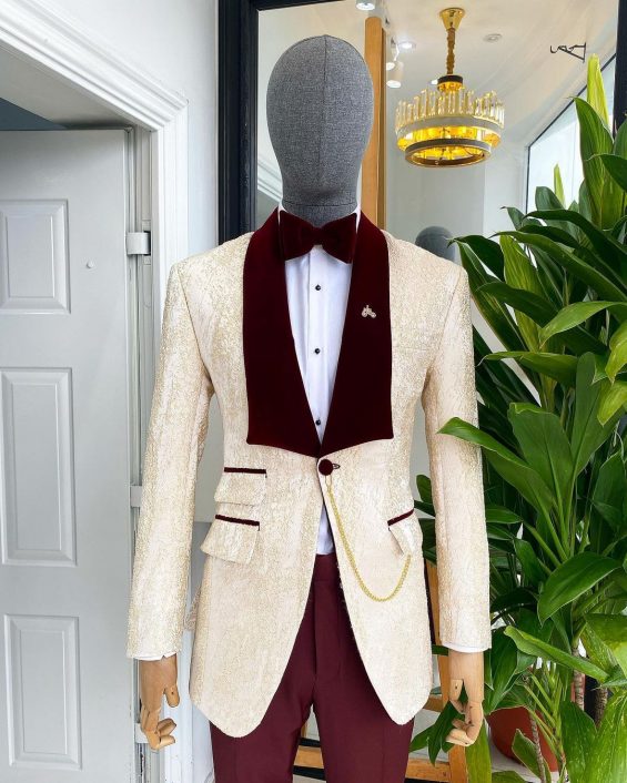 Shop Dispersed Gold Ruffle Pattern Jacquard Shawl lapel suit -Deji & Kola