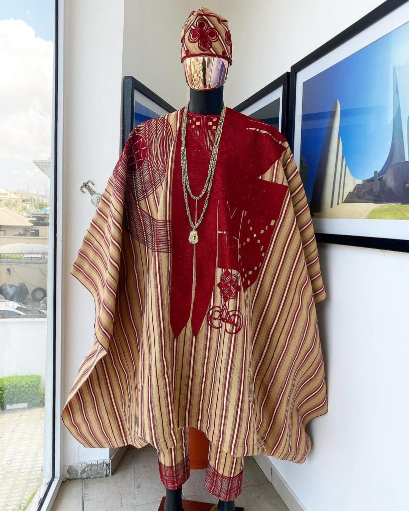 Shop Stripe champagne gold Traditional African agbada - Deji & Kola