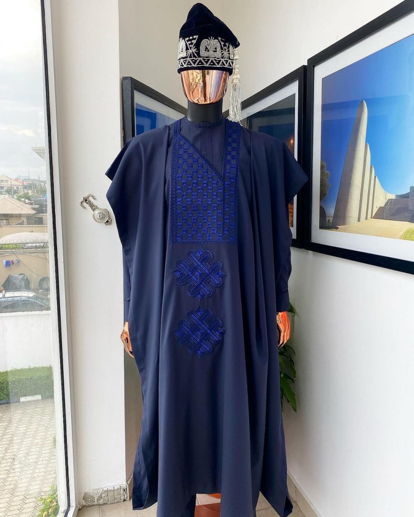 Shop Midnight Blue with interwoven Embroidery African Agbada -Deji&Kola