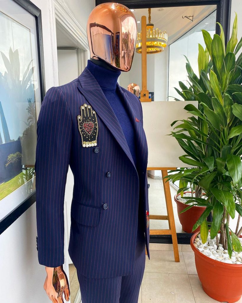 Shop Midnight blue & red stripe double breasted blazer suit -Deji & Kola