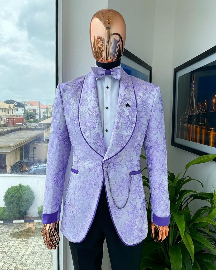 Shop “Mandarin” orchid purple and ivory floral jacquard suit - Deji & Kola