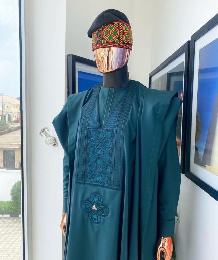 Shop British Green with Velvet Embroidery African Agbada - Deji & Kola