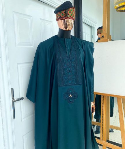 Shop British Green with Velvet Embroidery African Agbada - Deji & Kola