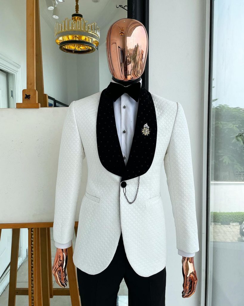 Shop Ivory white Square pattern shawl lapel tuxedo Suit - Deji & Kola