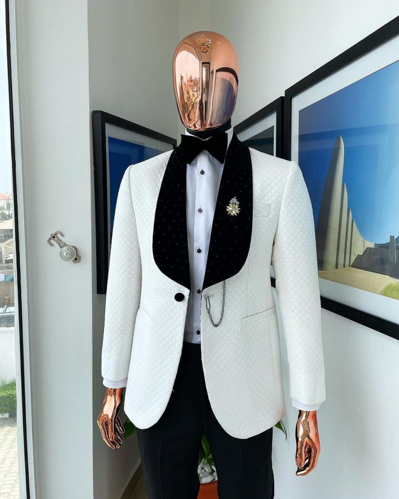 Shop Ivory white Square pattern shawl lapel tuxedo Suit - Deji & Kola