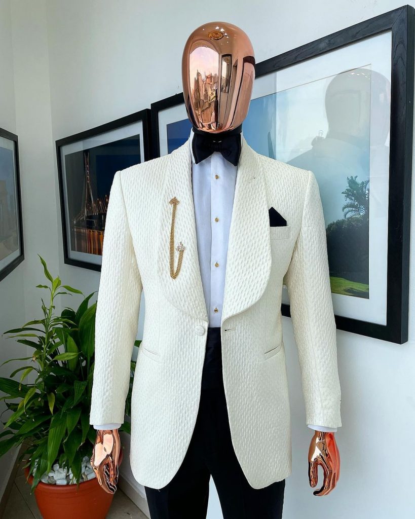 Shop Ivory white circle pattern jacquard shawl lapel Suit - Deji & Kola