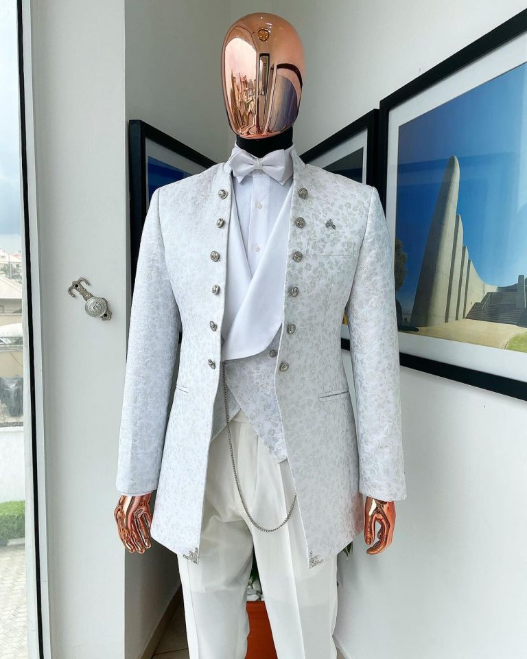 Shop Ivory white & silver pattern metallic pattern jacquard Suit -Deji ...