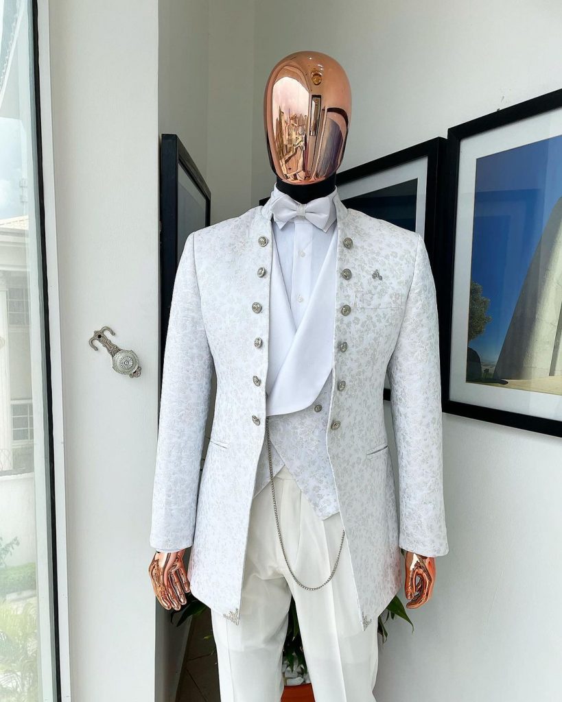 Shop Ivory white & silver pattern metallic pattern jacquard Suit -Deji ...