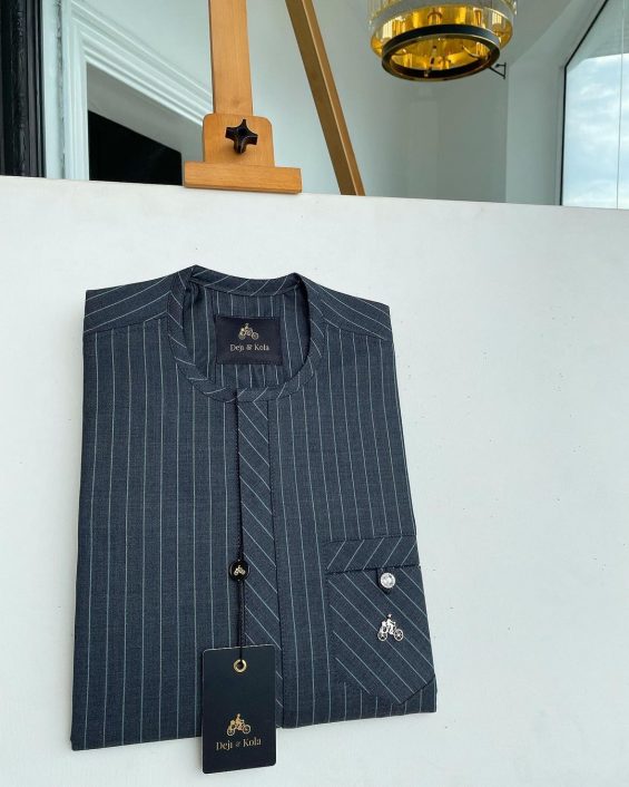 Shop Grey Pinstripe Front Flap African Kaftan- Deji & Kola