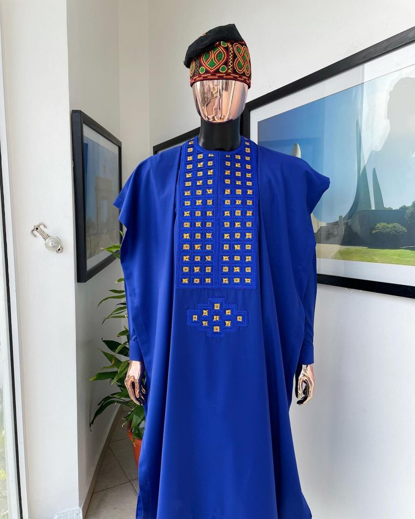 Shop Azure blue with gold African embroidery agbada - Deji & Kola