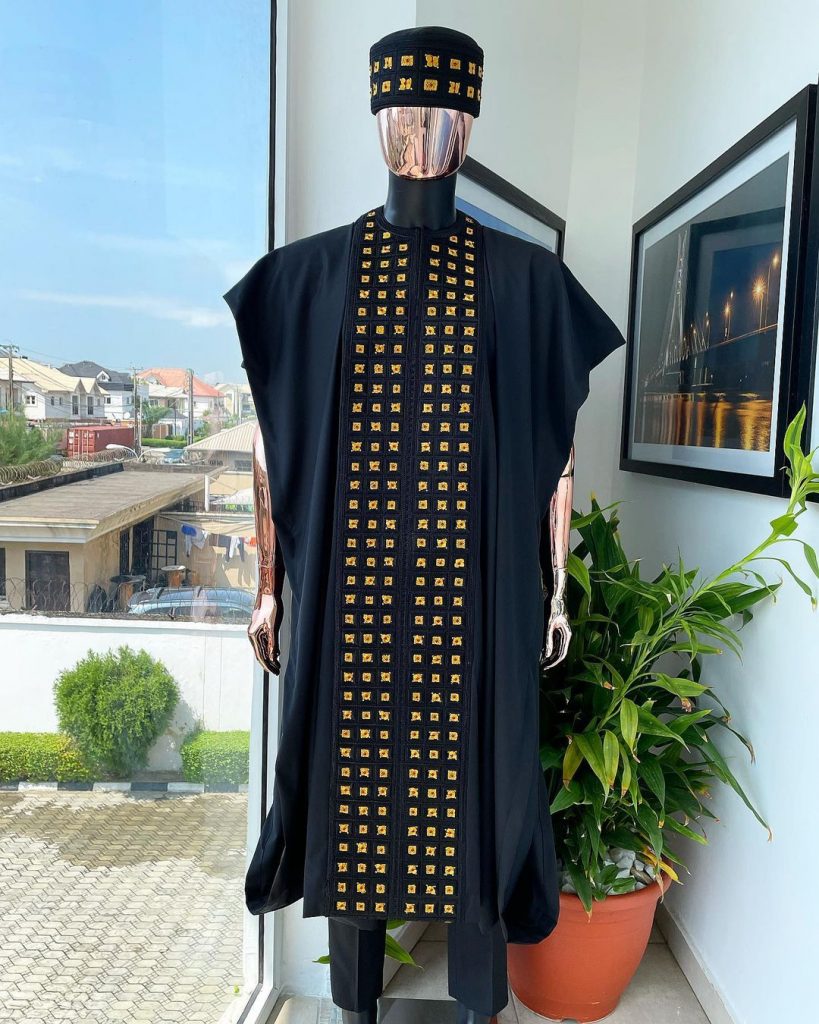 Shop Black connected square embroidery design Agbada - Deji & Kola