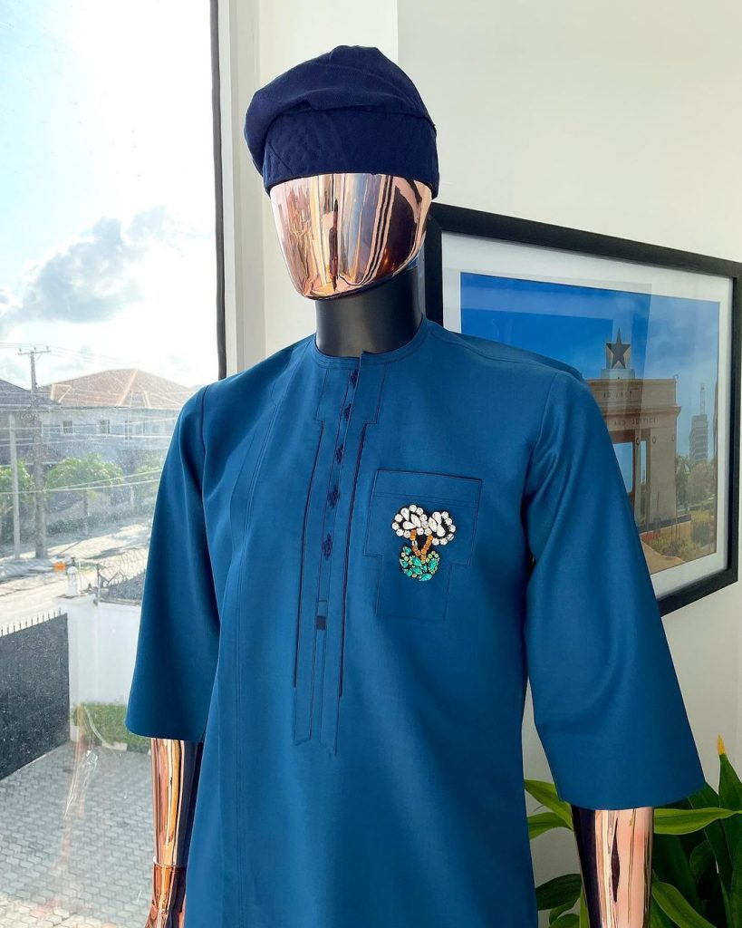 Shop Sapphire Blue, Front Flap, Embroidery African Kaftan- Deji & Kola