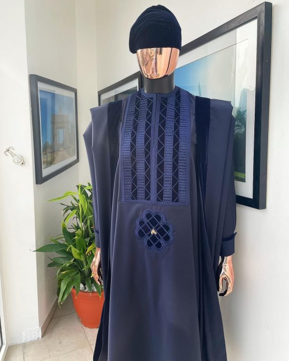 Shop Navy blue Monochrome Agbada, with velvet design -Deji & Kola