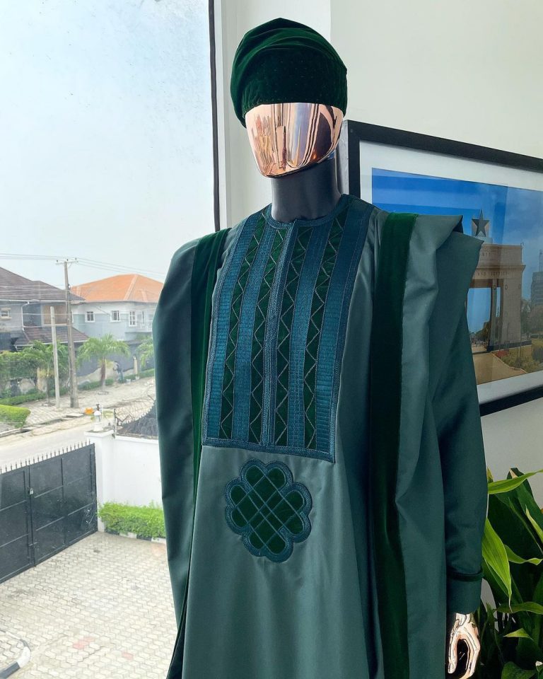 Shop British Green with Velvet Embroidery African Agbada - Deji & Kola