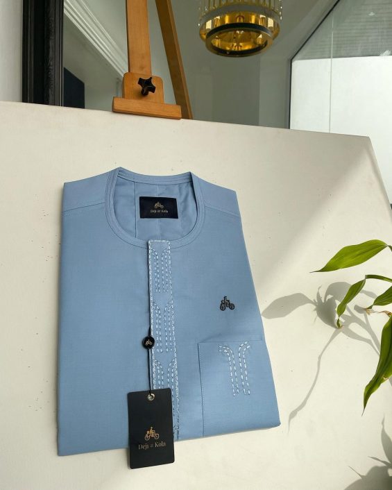 Shop Blue Senator with bridge & dotted front flap kaftan- Deji & Kola