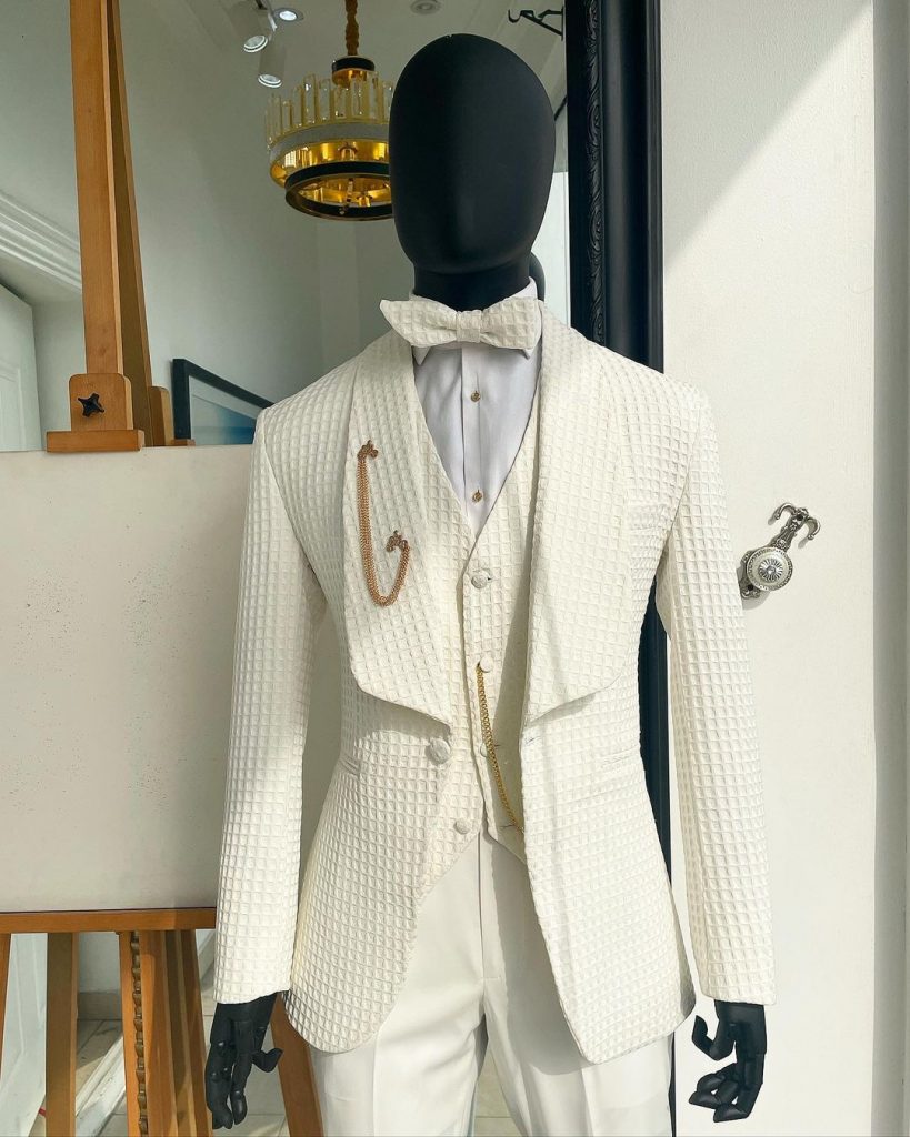 Shop Ivory white, shawl lapel, square Pattern jacquard suit -Deji & Kola