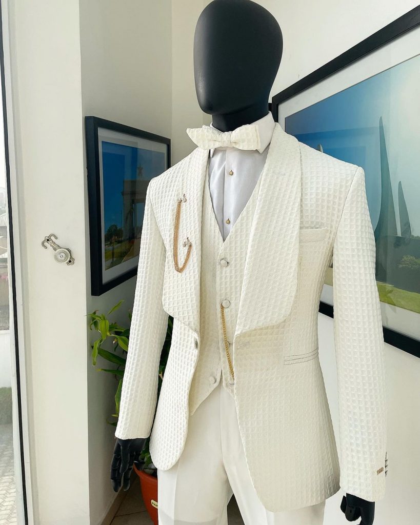 Shop Ivory white, shawl lapel, square Pattern jacquard suit -Deji & Kola